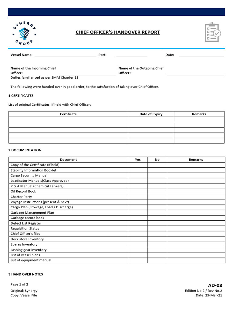 Chief Officer Handover Report | PDF