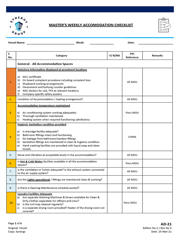 AD-21 Masters Weekly Accomodation Checklist (New Format) | PDF | Hygiene | Refrigerator