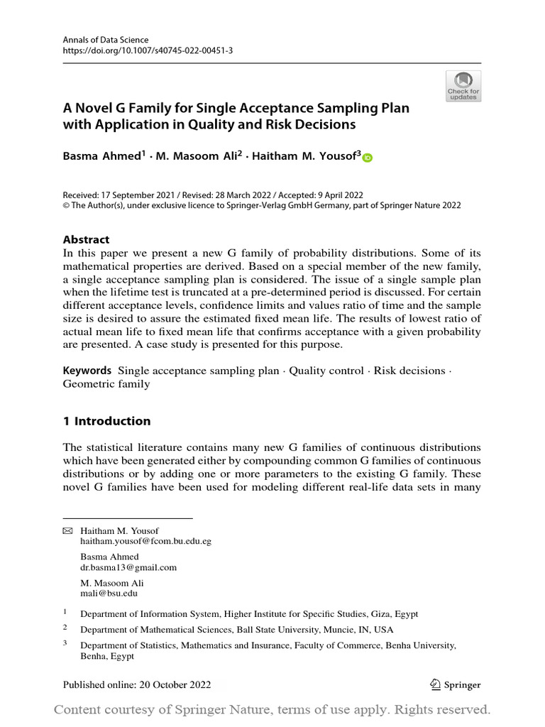 A Novel G Family For Single Acceptance Sampling PL | PDF | Sampling (Statistics) | Data
