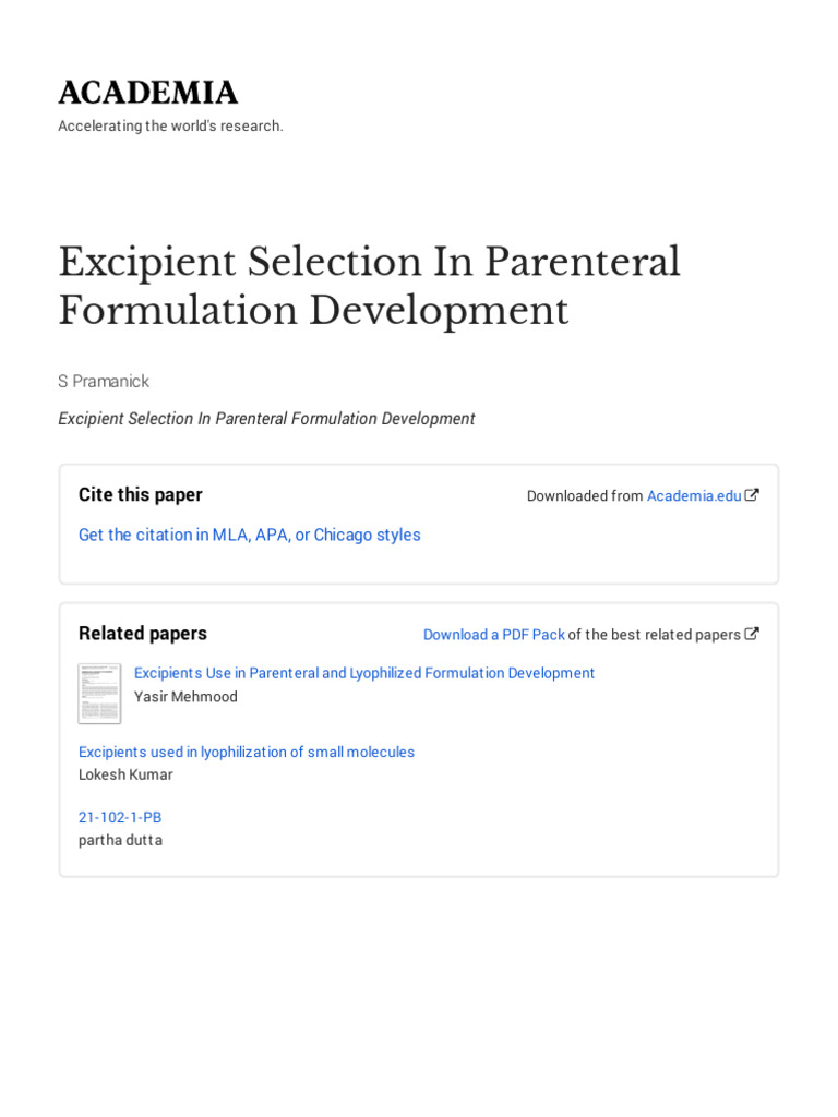 Excipient Selection in Parenteral | PDF | Pharmaceutical Formulation | Acid