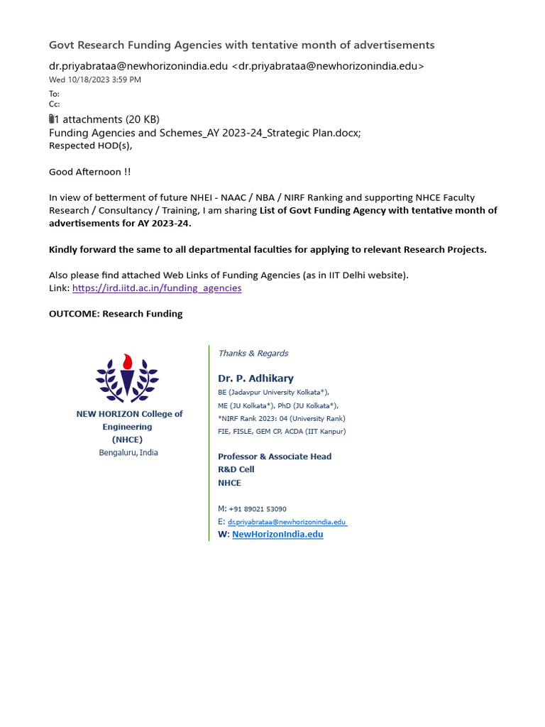 Research Grant - Funding Agency Details | PDF | Science
