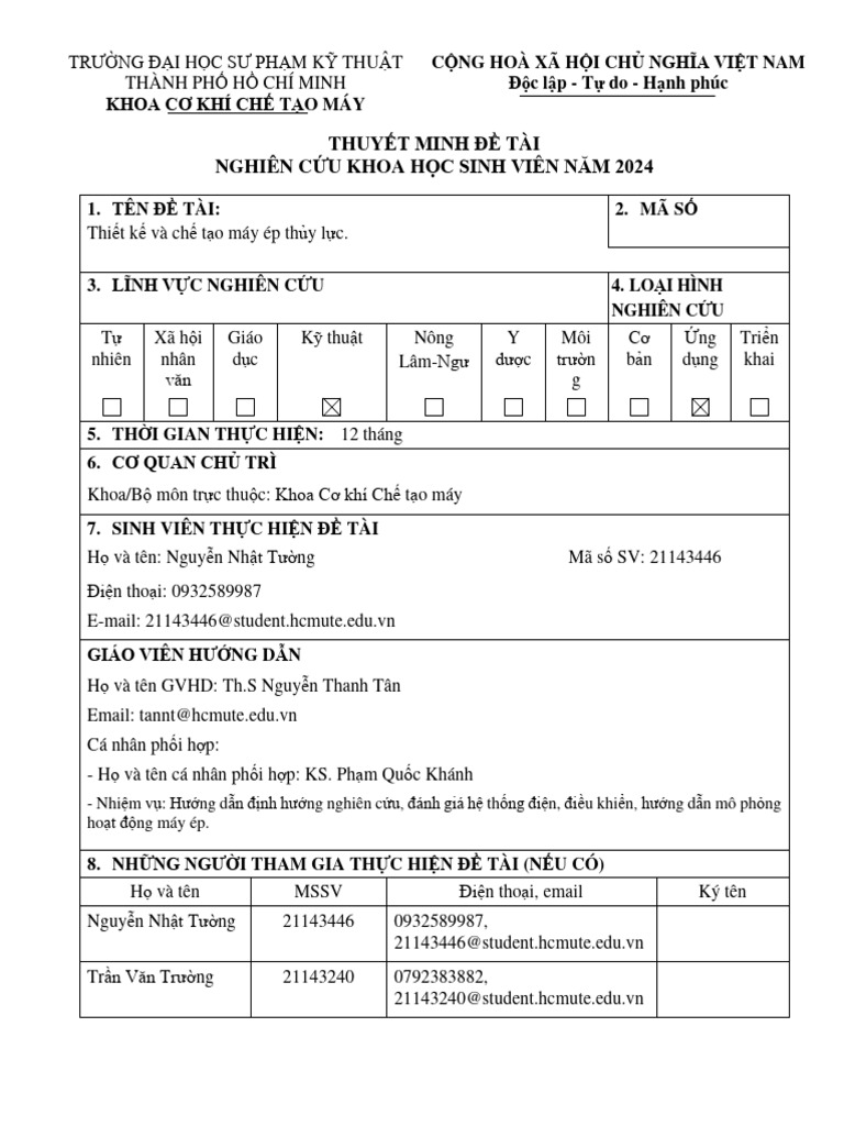 BM02 - Thuyet Minh de Tai NCKH Sinh Vien - Nguyen Nhat Tuong - 21143446 | PDF