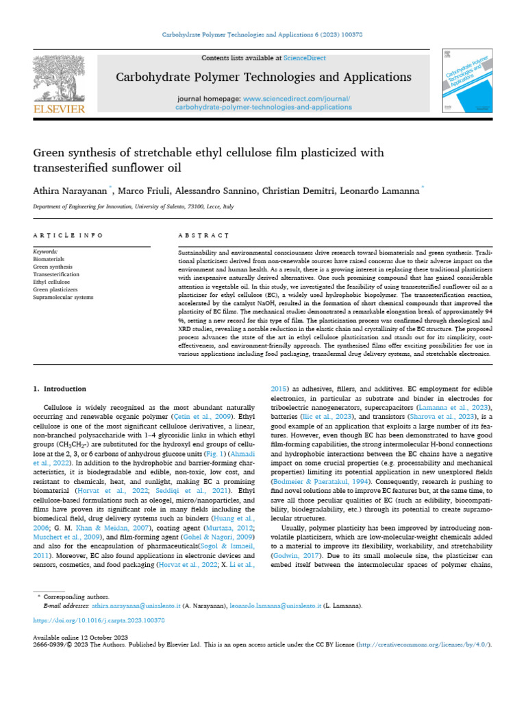 Green Synthesis of Stretchable Ethyl Cellulose Film Plasticized With ...