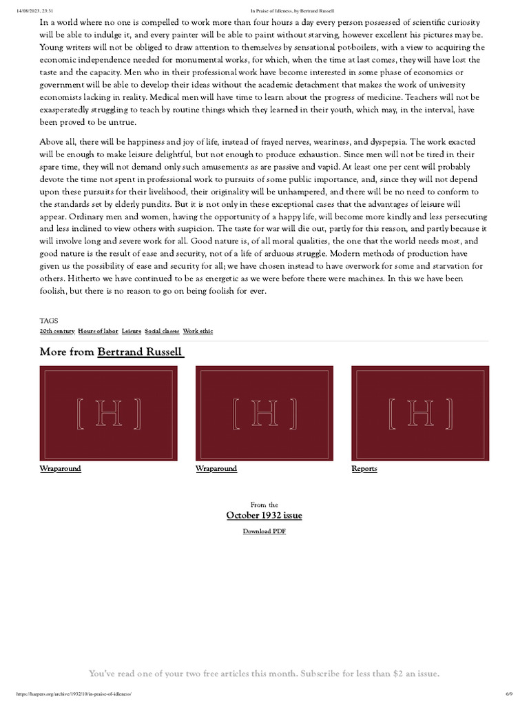 Optional - in Praise of Idleness, by Bertrand Russell | PDF
