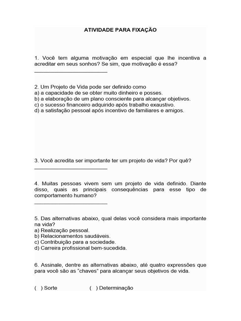 ATIVIDADE PARA FIXAÇÃO Proj Vida | PDF ATIVIDADE PARA FIXAÇÃO Proj Vida | PDF