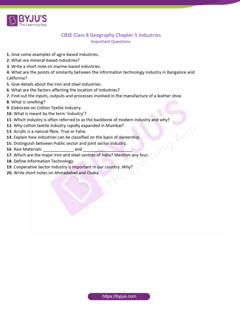 CBSE Class 8 Geography Chapter 5 Industries Important Questions | PDF