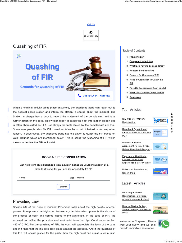 Quashing of FIR Grounds For Quashing of FIR - Corpseed | PDF | Criminal ...