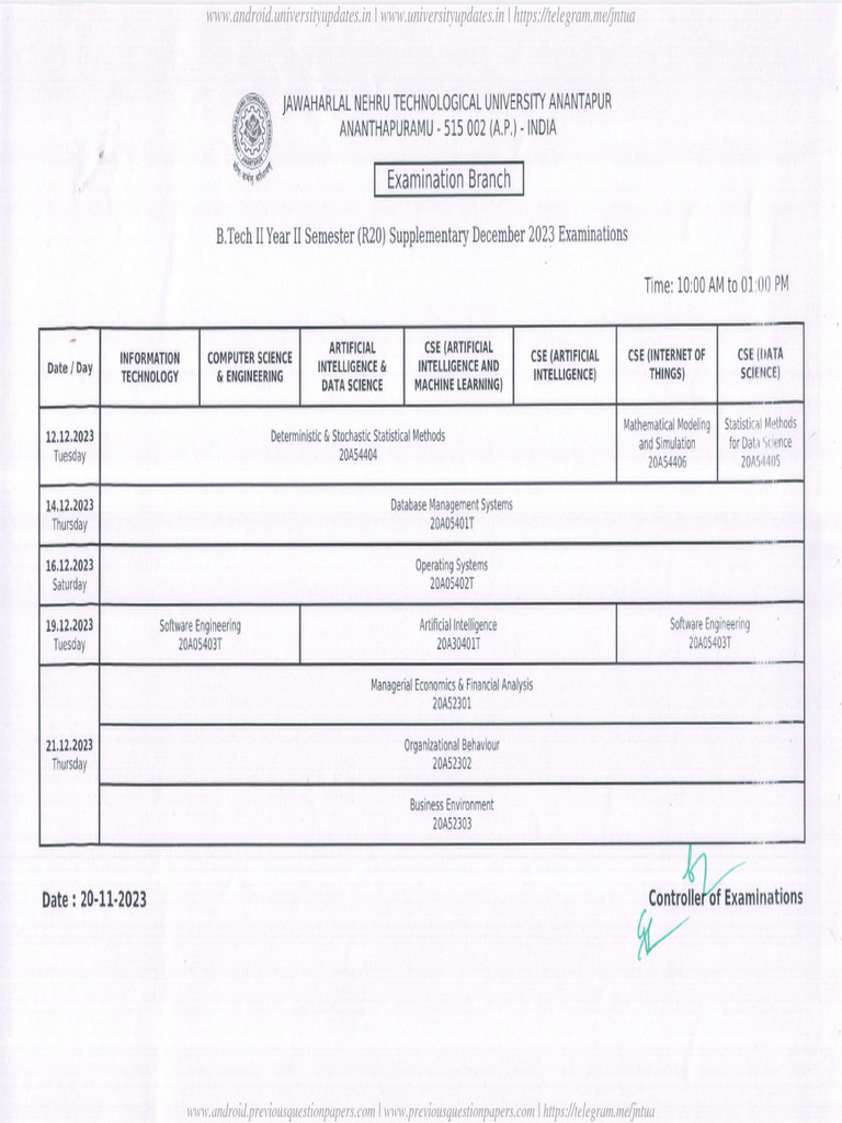 Timetable For B.Tech II II R20 Dec 2023 Exams | PDF