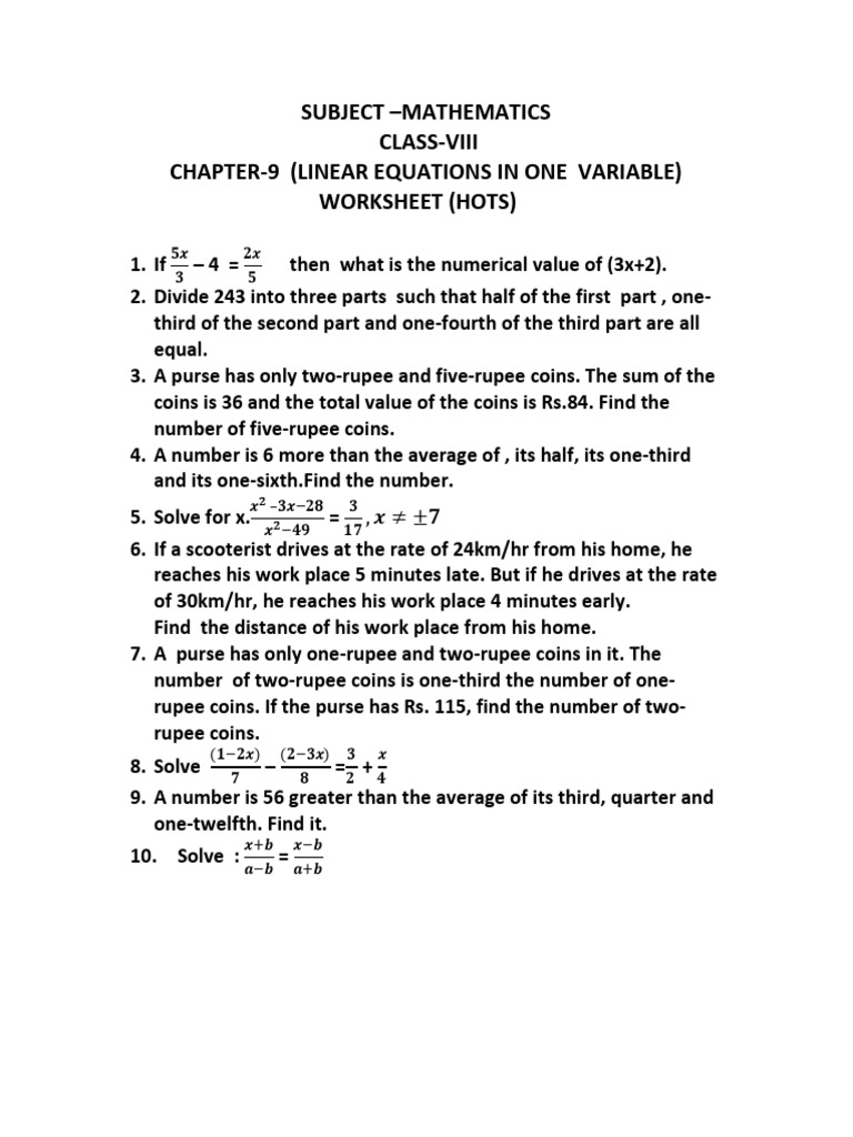 Class-8 Maths Linear Equations Worksheet-2 | PDF Class-8 Maths Linear Equations Worksheet-2 | PDF