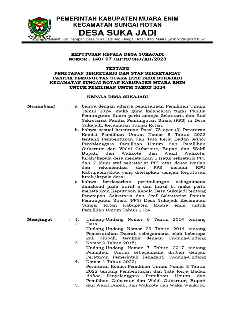 DRAF SK Kades Sekretariat PPS1 | PDF