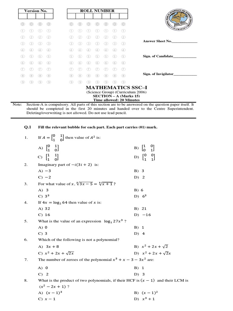 SSC-I Mathematics Model Paper 2023 | PDF