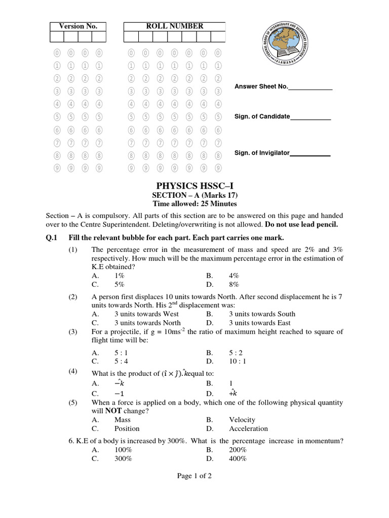 Final Model Paper Physics HSSC-I Revised | PDF | Waves | Momentum