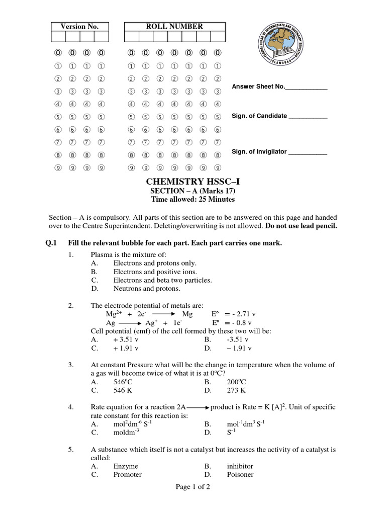 Final HSSC-I Chemistry Model Paper Merged | PDF