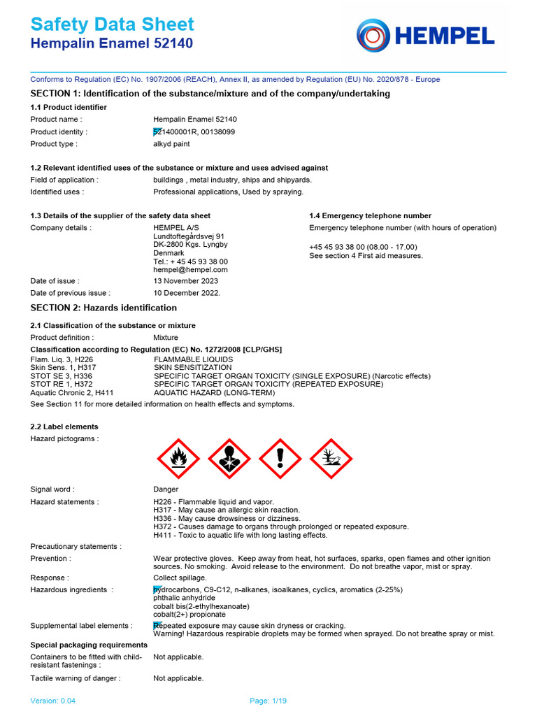 Safety Data Sheet Hempalin Enamel 52140 | PDF