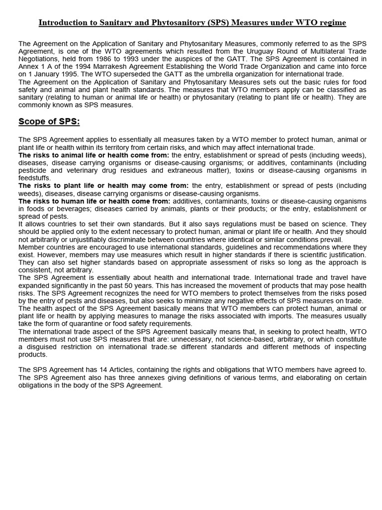 Introduction To Sanitary and Phytosanitory (SPS) Measures | PDF | World ...