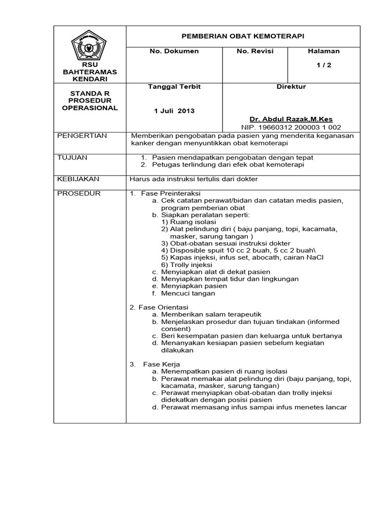 Prosedur Pemberian Kemoterapi RSU Bahtaramas | PDF