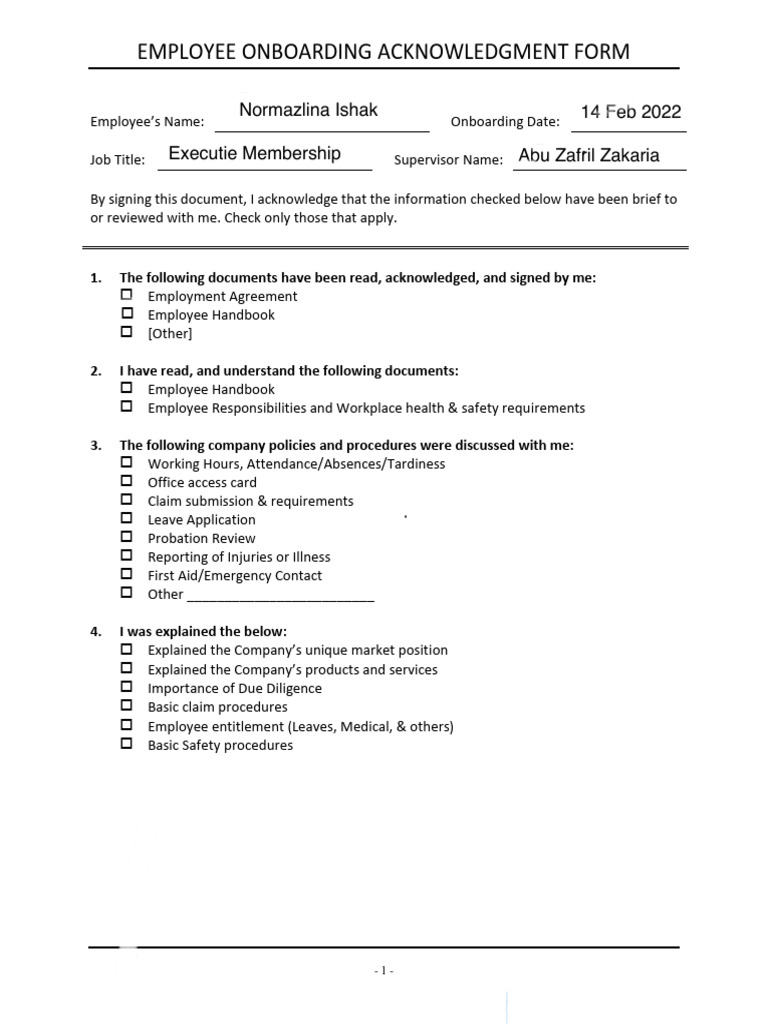 Employee Onboarding Acknowledgment Form | PDF
