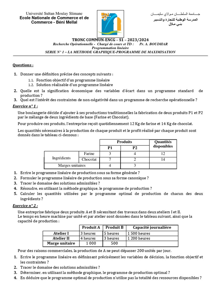 TD1-Recherche opérationnelle-S7-ENCG-2024-2025 | PDF | Optimisation linéaire
