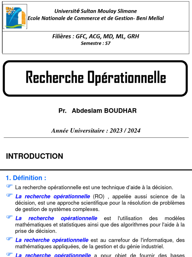 Cours - Cours - Recherche opérationnelle-Chap1-Chap 2-S7-ENCG-2023-2024-Pr BOUDHAR | PDF