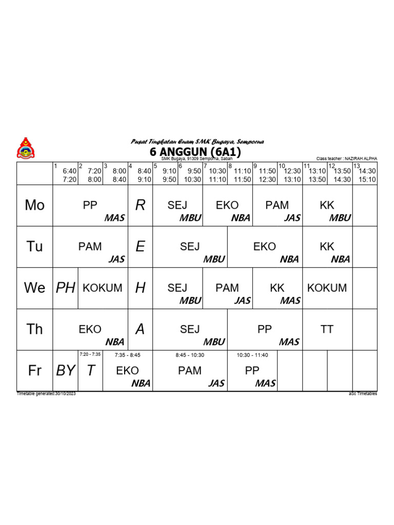 Timetable for Pusat Tingkatan Enam SMK Bugaya | PDF