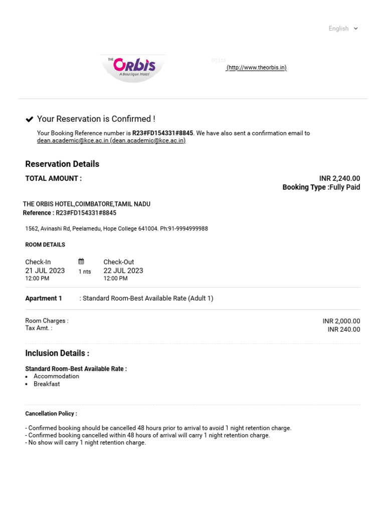 Hotel Booking Confirmation | PDF