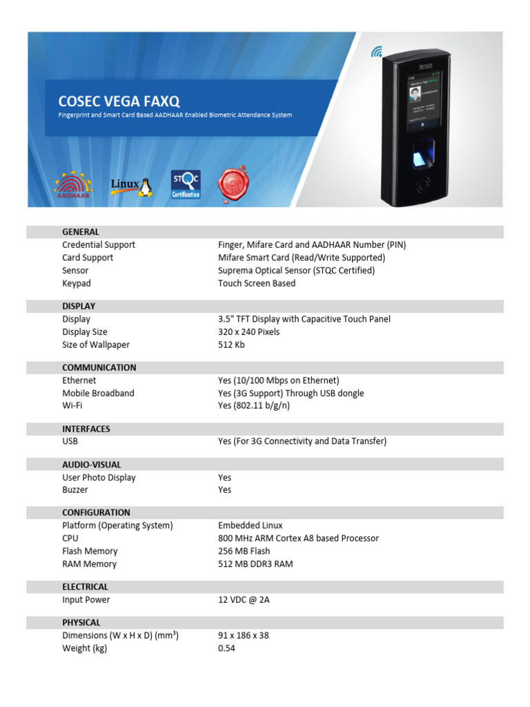 Technical Specification COSEC VEGA FAXQ | PDF | Touchscreen | Smart Card
