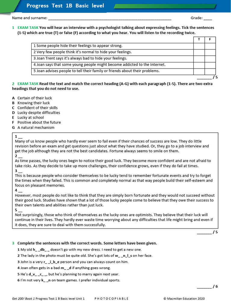 Unit Test 1B Basic Level | PDF | Luck