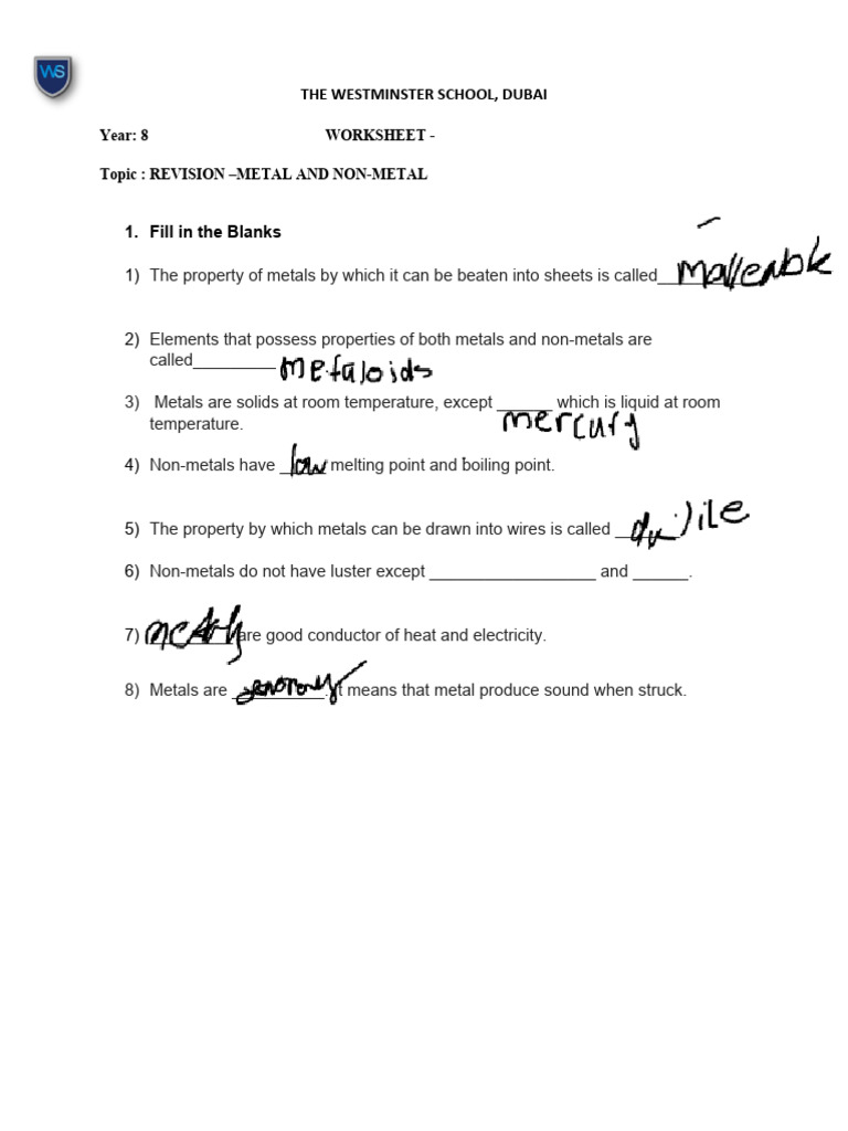 METAL_AND_NON_-_METALS__WORKSHEET_SCI_YR8 | PDF | Metals | Ductility