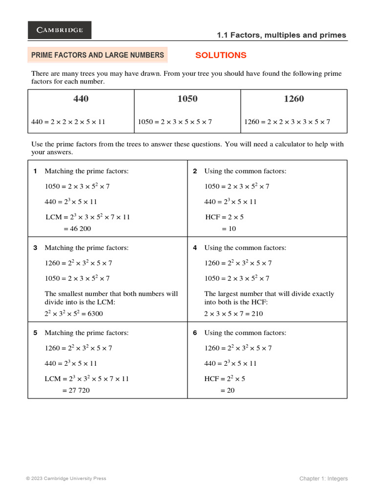 YR 8 PLAN B WS Prime-factors-And-large-numbers - SOLUTIONS | PDF
