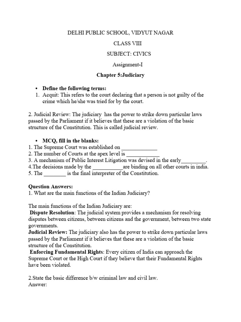 Ch.5 Judiciary Assignment Class VIII-1 | PDF