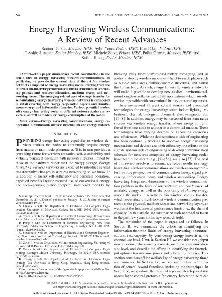 Energy Harvesting Wireless Communications: A Review of Recent Advances | PDF | Wireless ...