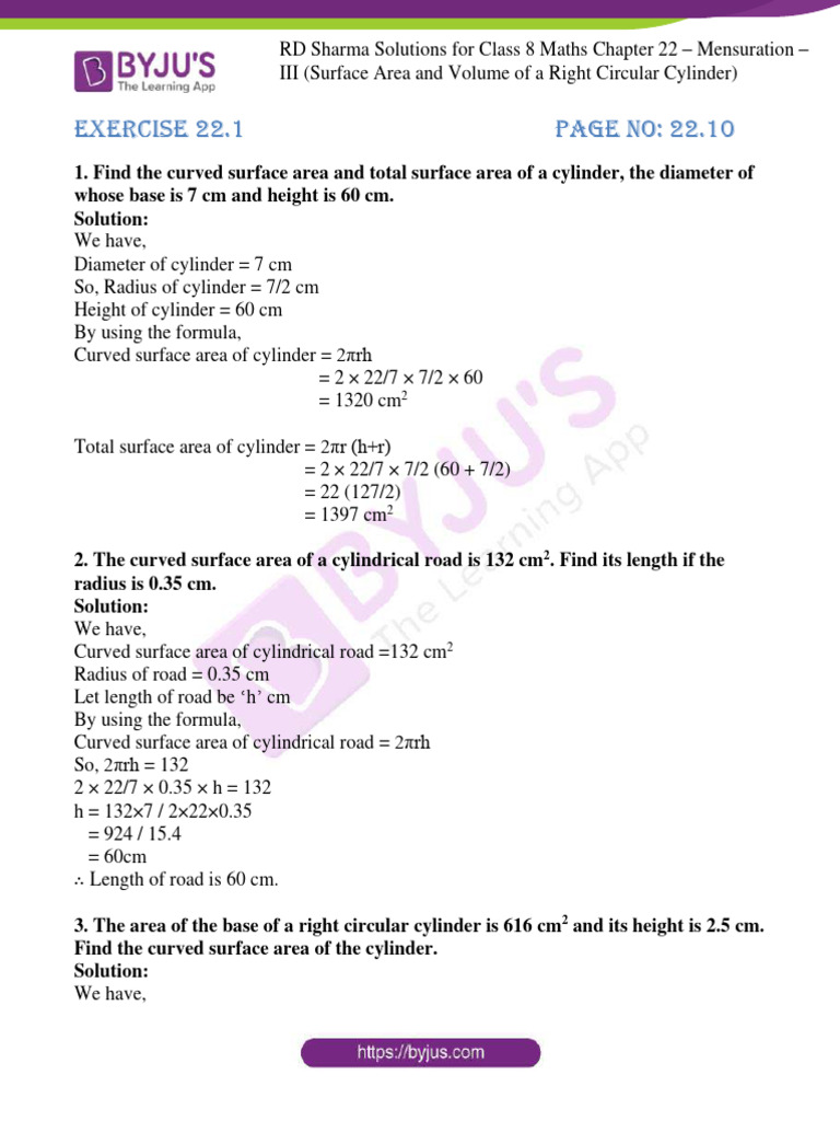 RD Sharma Class 8 Maths Chapter 22 Mensuration III Surface Area and Volume of A Right Circular ...