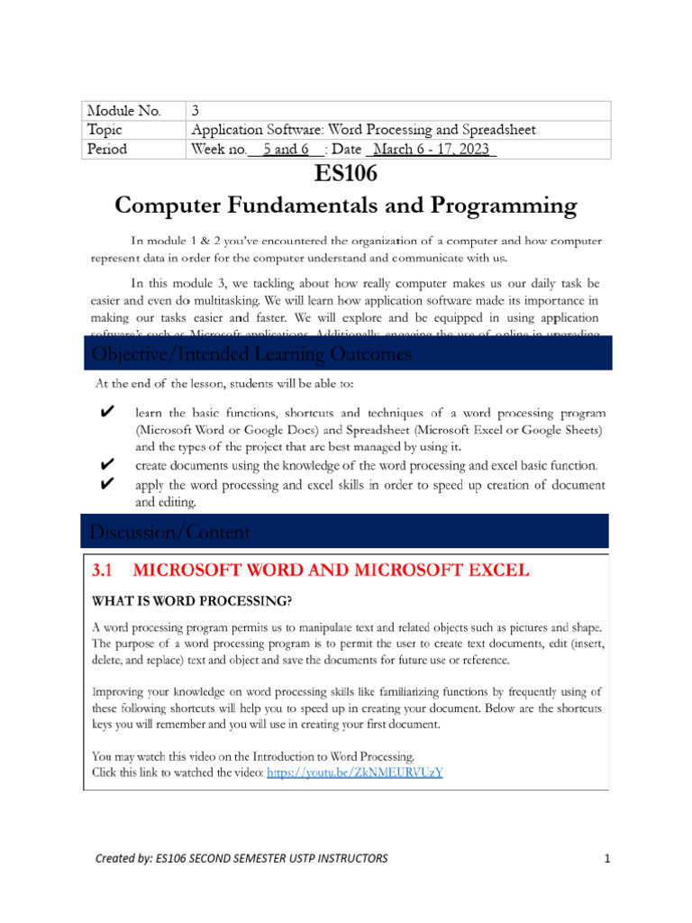 ES106-CFP-Module 3 - Application Software Word Processing and Spreadsheet | PDF