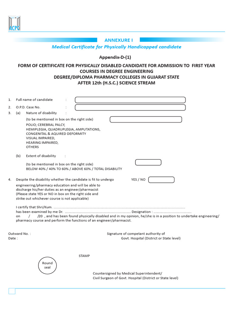 Medical Certificate For Physically Handicapped Candidate: Annexure I | PDF