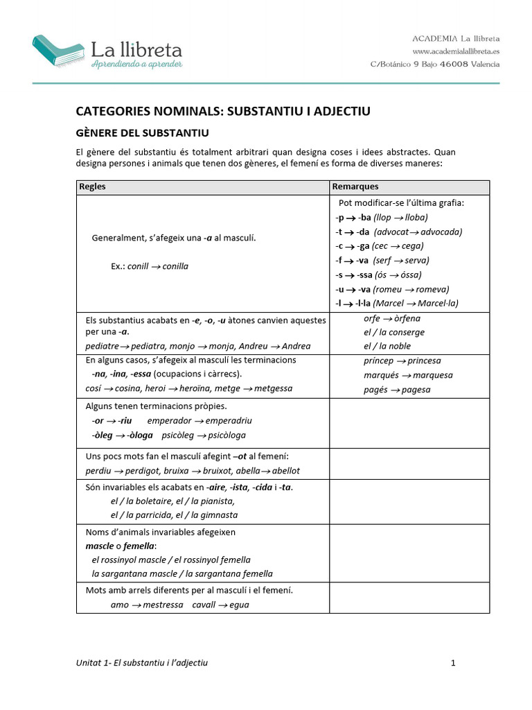 El Substantiu I L'adjectiu | PDF