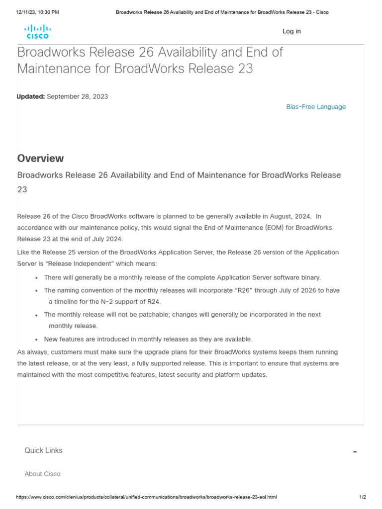 Broadworks Release 26 Availability and End of Maintenance For ...