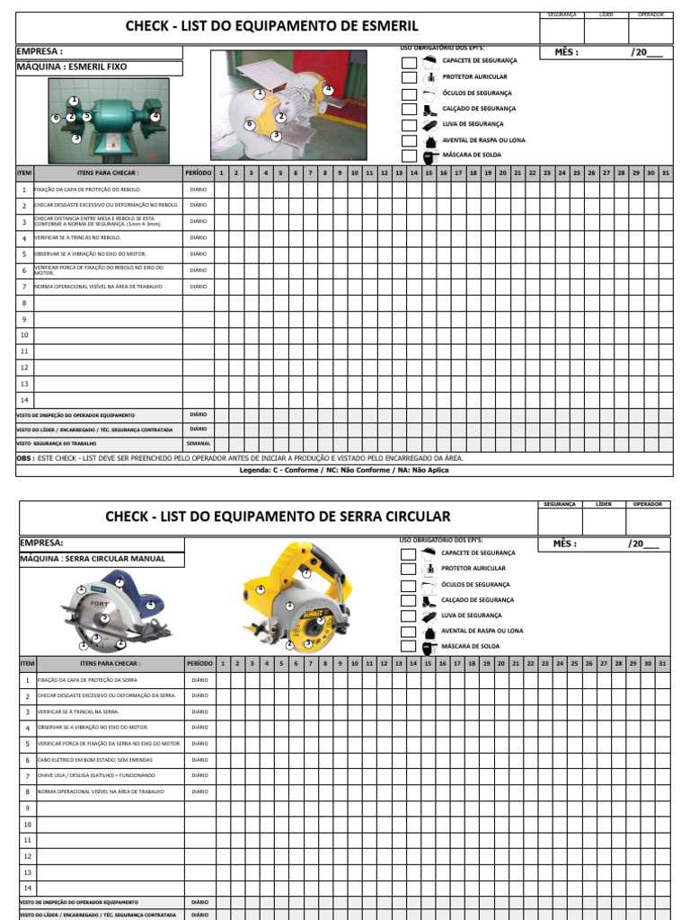 Check List de Máquinas e Equipamentos (Em Branco) | PDF | Capacete | Máquinas