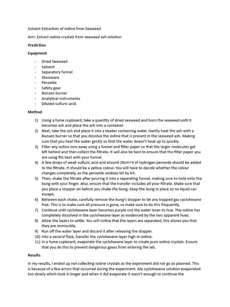 Solvent Extraction of Iodine From Seaweed | PDF | Filtration | Iodine