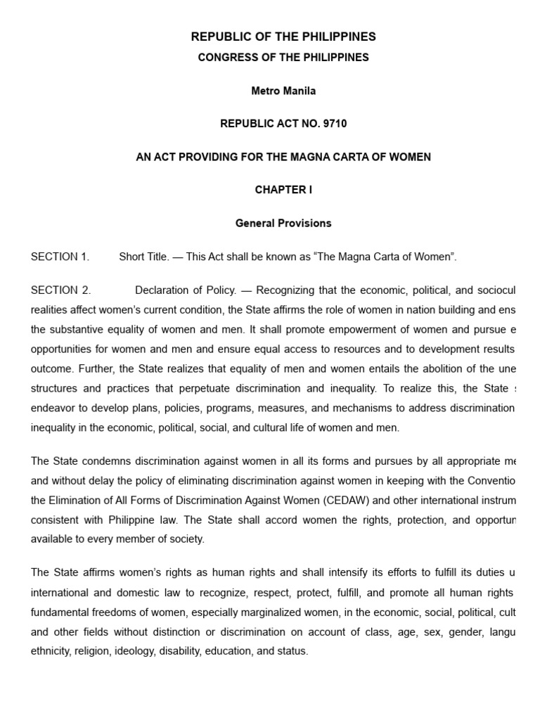 Magna Carta For Women - Republic Act No. 9710 | PDF | Violence | Social Protection