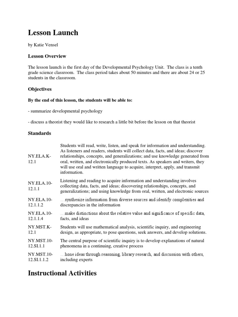 Lesson Launch Plan | PDF | Developmental Psychology | Psychology