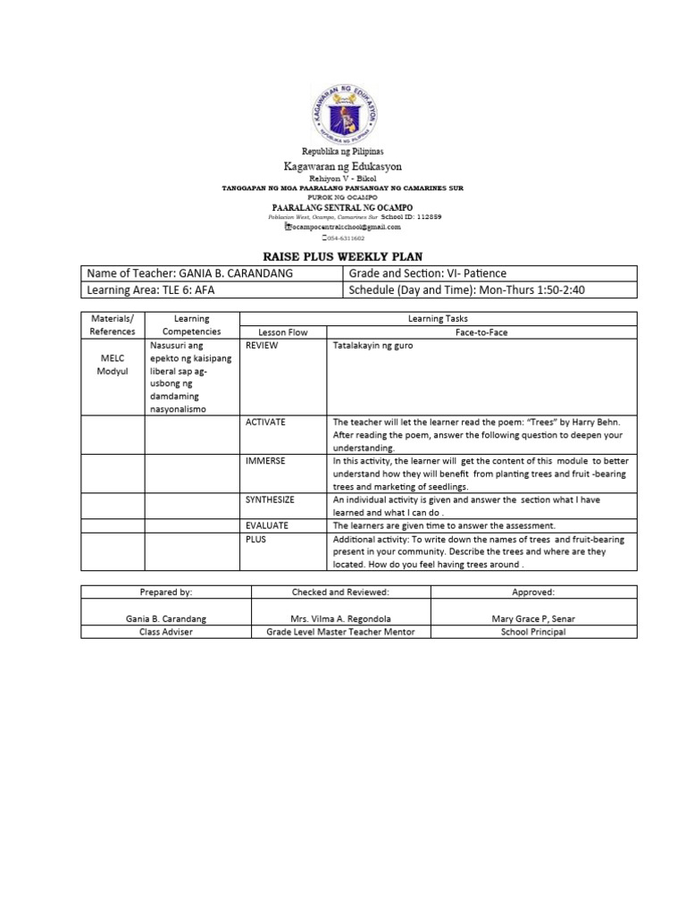 lesson-plan-Project-Raise-f2f week2-TLE-AFA | PDF | Human Communication | Teaching