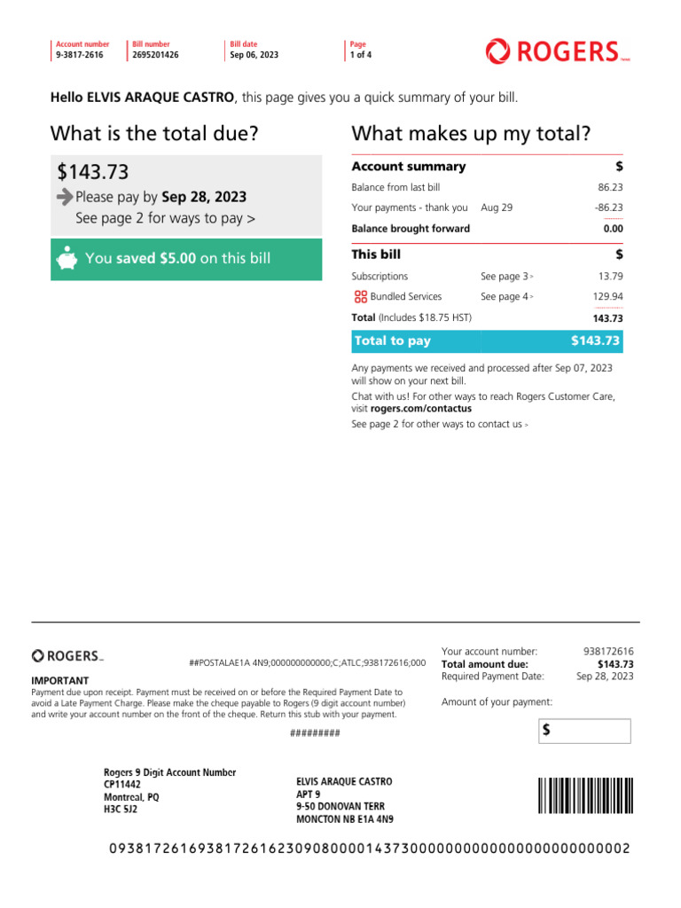 Rogers 2023 09 06 | PDF | Cheque | Payments