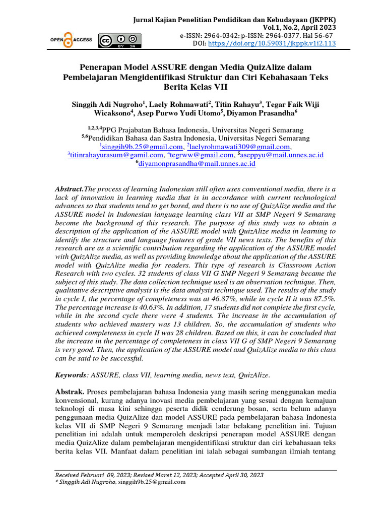 Penerapan Model ASSURE Dengan Media QuizAlize Dalam Pembelajaran Mengidentifikasi Struktur Dan ...