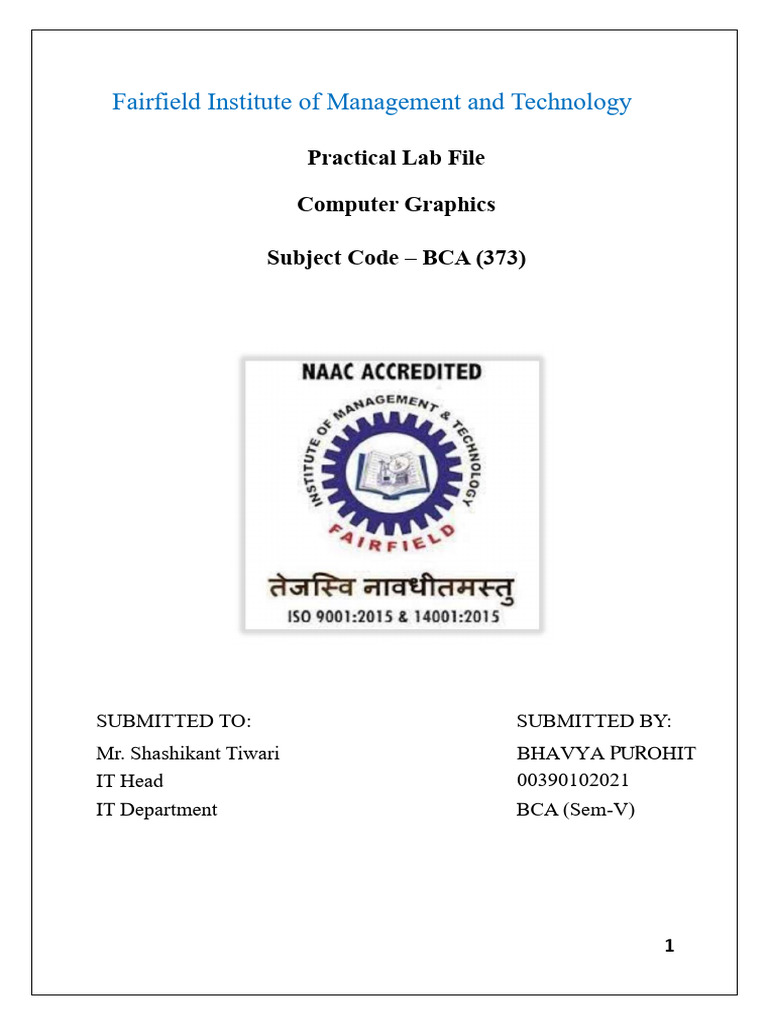 Fairfield Institute of Management and Technology: Practical Lab File Computer Graphics Subject ...