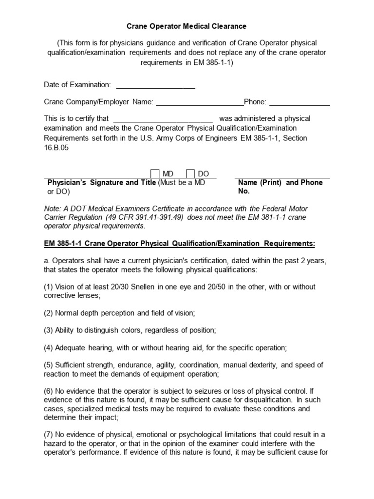 USACE Crane Operator Medical Clearance (EM 385-1-1) | PDF | Drug Test ...