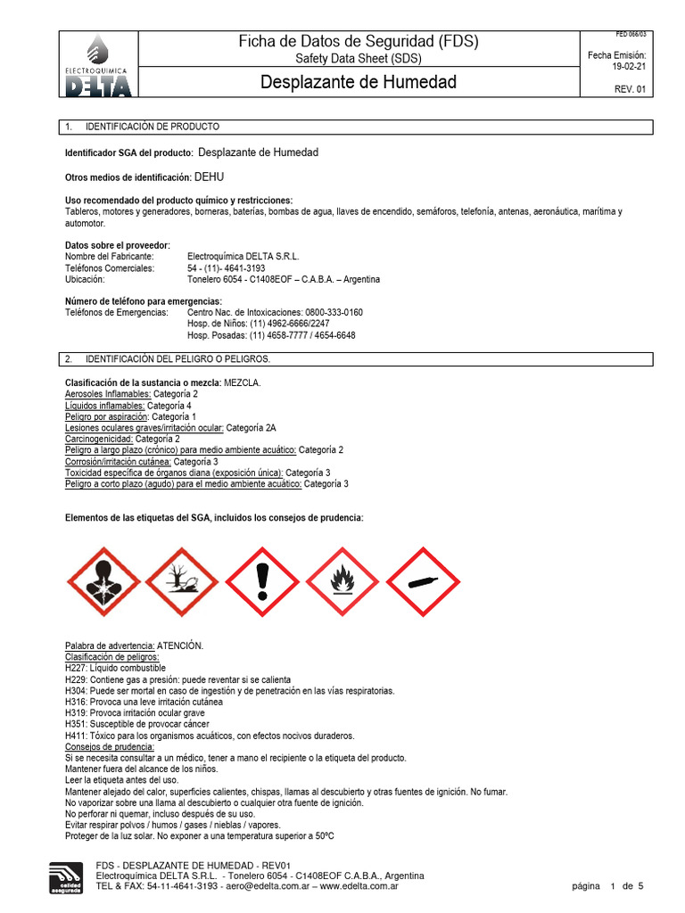 FDS - Desplazante de Humedad - Rev01 | PDF | Agua | Combustión
