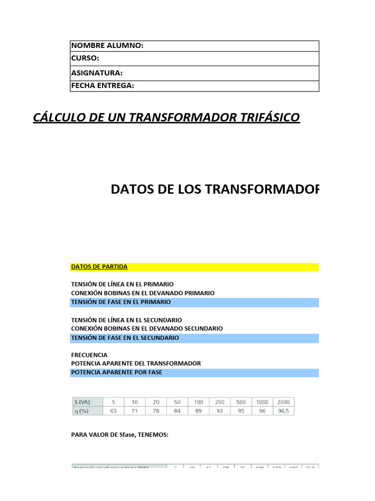 03.-Excel para Ejercicios Cálculo Trafos Trifasicos - Sacado Libro Teoría | PDF | Transformador ...