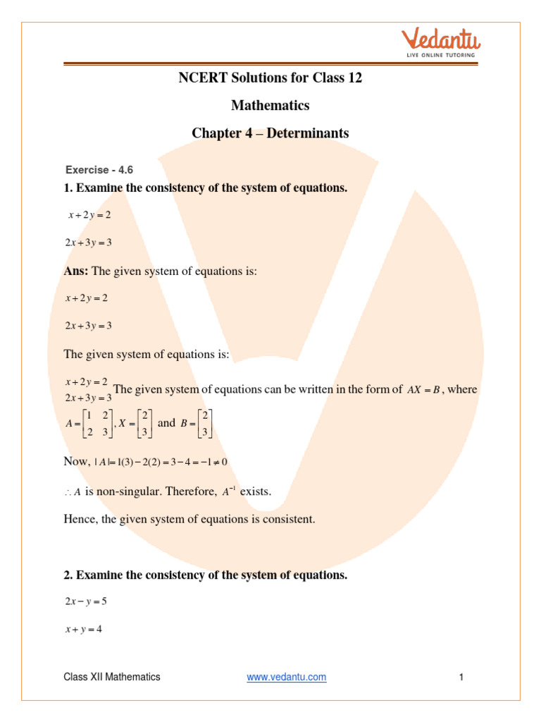 NCERT Solutions For Class 12 Maths Chapter 4 Exercise 4.6 | PDF | Mathematical Concepts ...