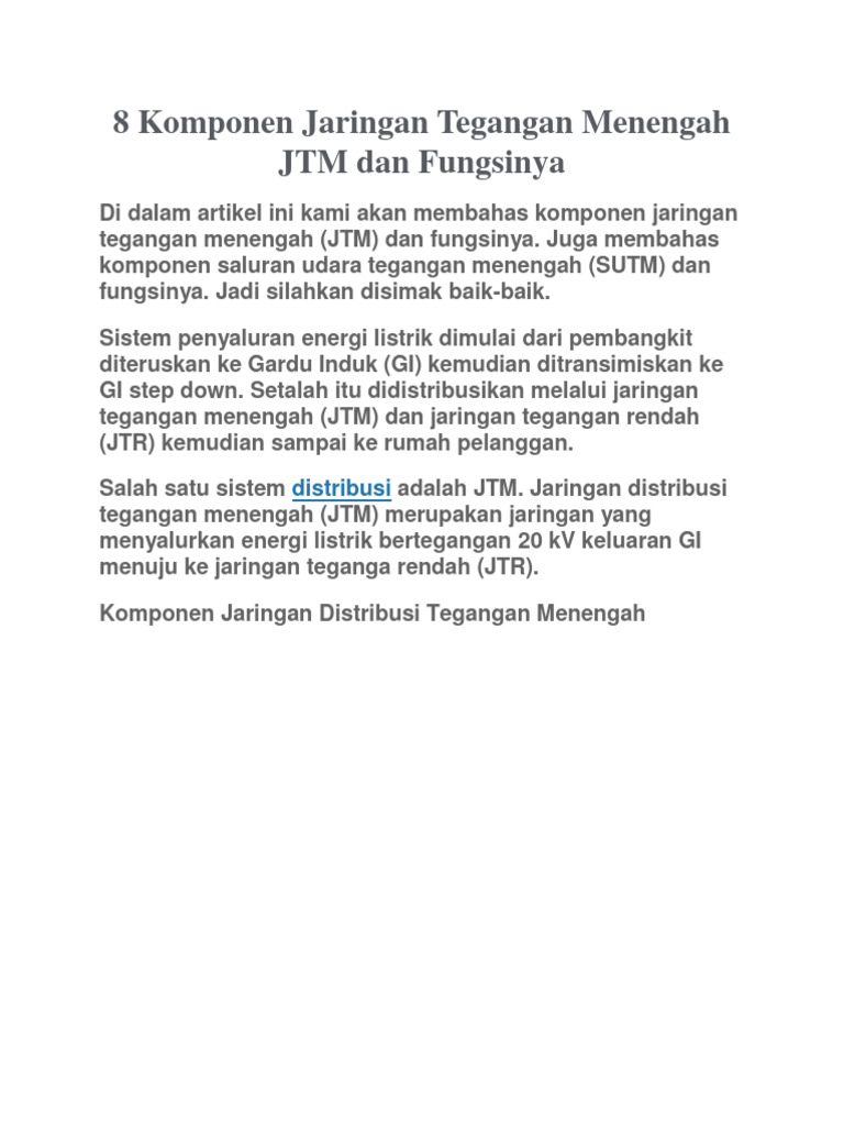 8 Komponen Jaringan Tegangan Menengah JTM Dan Fungsinya | PDF