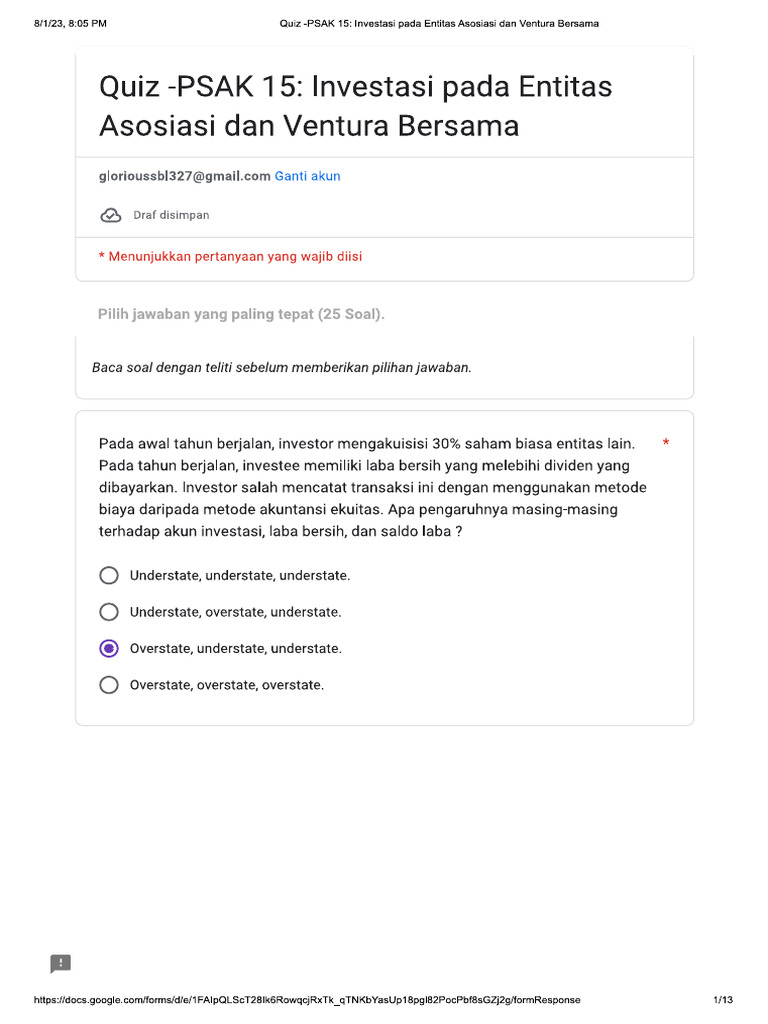 Quiz - PSAK 15 - Investasi Pada Entitas Asosiasi Dan Ventura Bersama | PDF